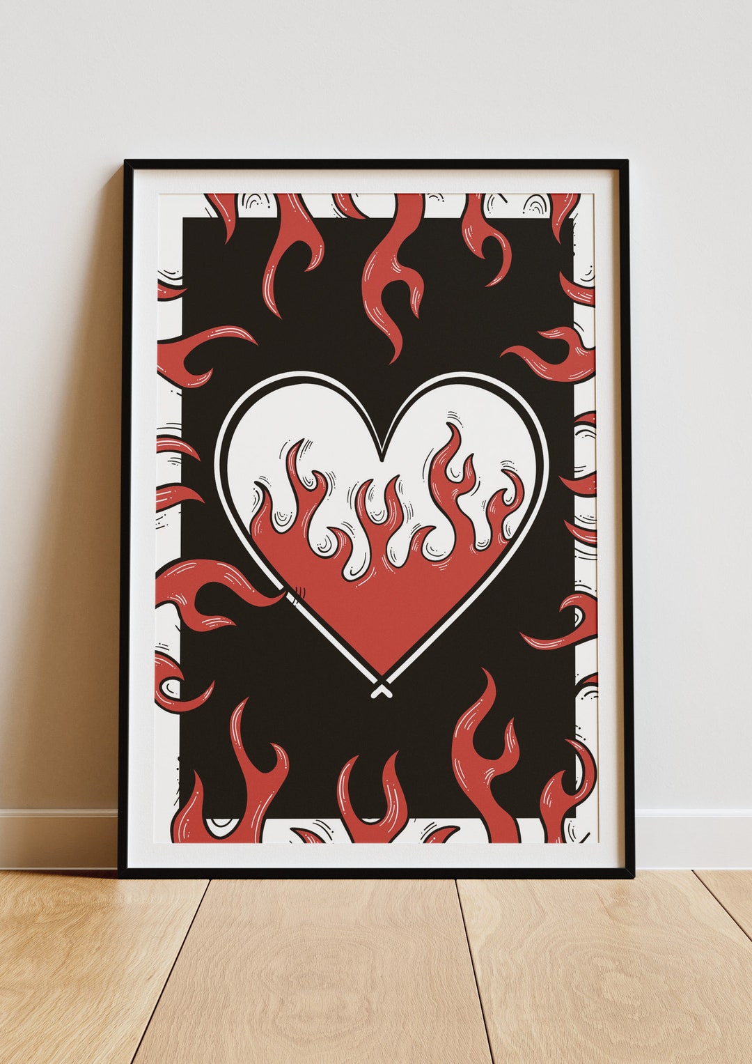 Red and Black Heart in Flame Digital Poster, Red Black Poster, Rock Emo ...