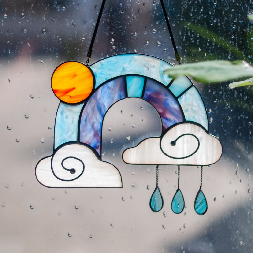Rainbow Suncatcher Stained Glass, Rain Drop Suncatcher With Cloud, Rain ...