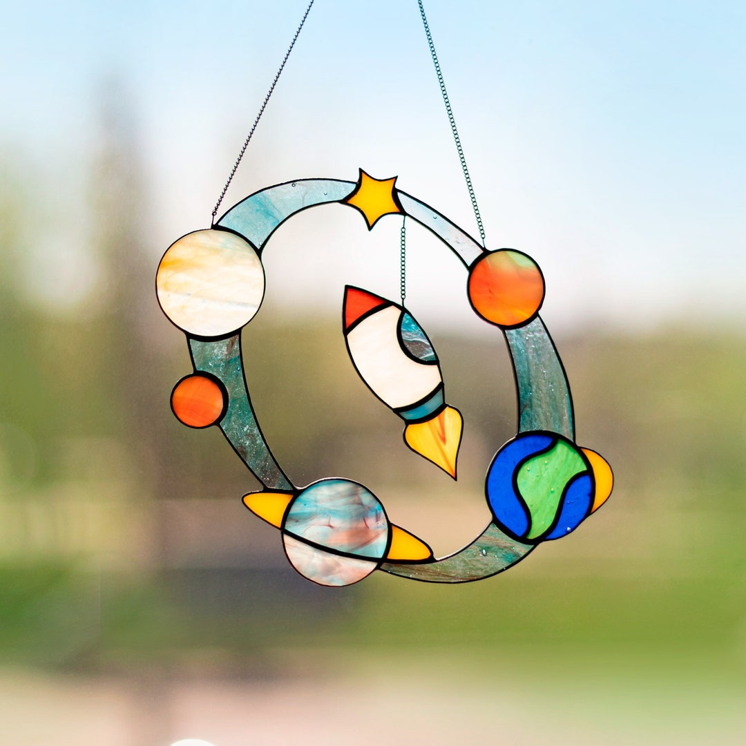 Stained Glass Space Suncatcher: Rocket & Milky Way Galaxy Decor - Etsy