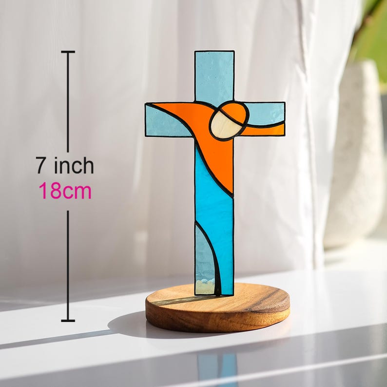 Catholic Cross Stained Glass Art, Religious Table Centerpiece ...