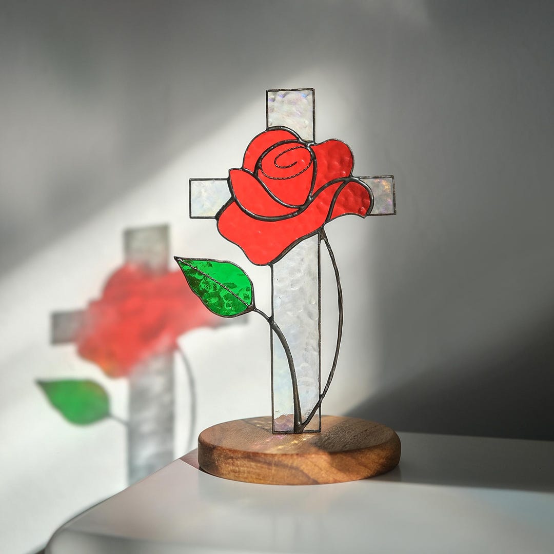 Red Rose Stained Glass Cross, Religious Suncatcher, Godparent Gift - Etsy