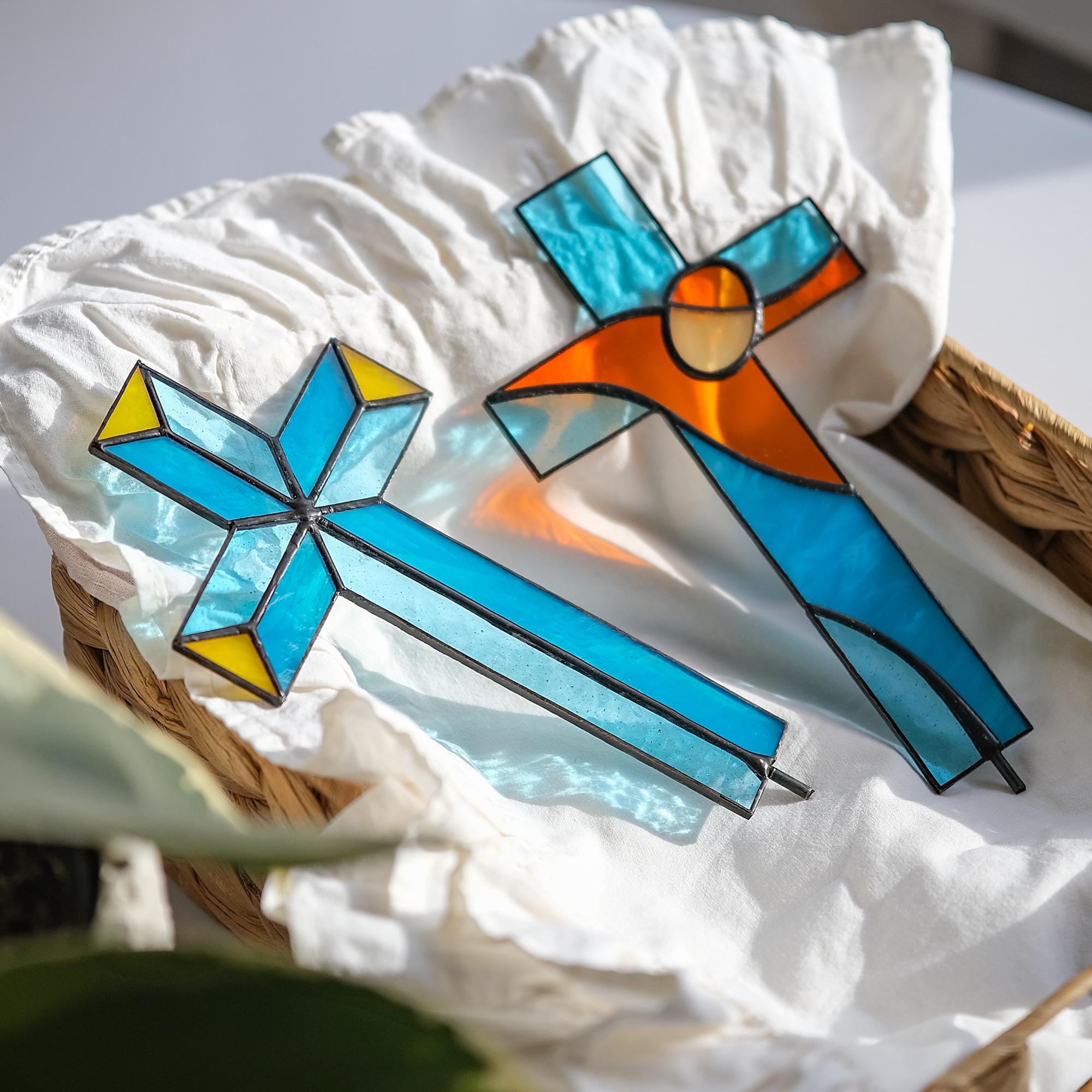 Catholic Cross Stained Glass Art, Religious Table Centerpiece ...