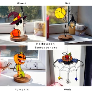 Bat and Moon Suncatcher, Stained Glass Bat Halloween Decor, Scary ...