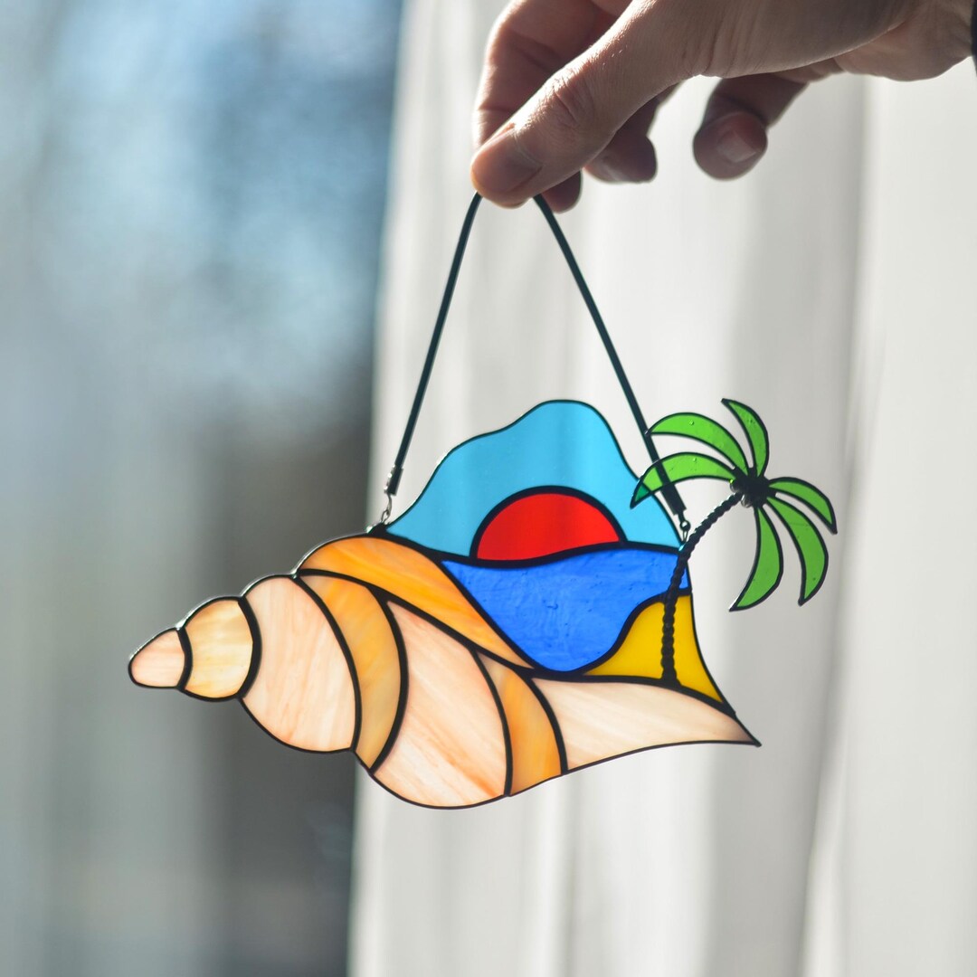 Ocean Stained Glass Suncatcher With Beach Blue Shells, Handmade Hanging ...