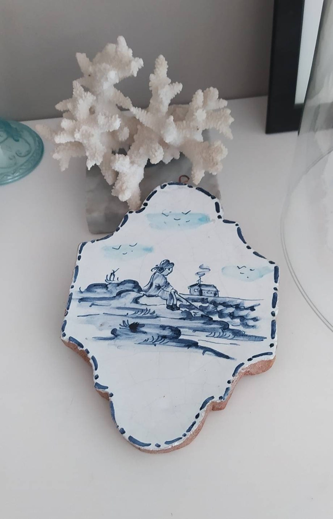 Big Delph Tile in a Scalloped Shape Depicting a Fishing Man on the Edge ...