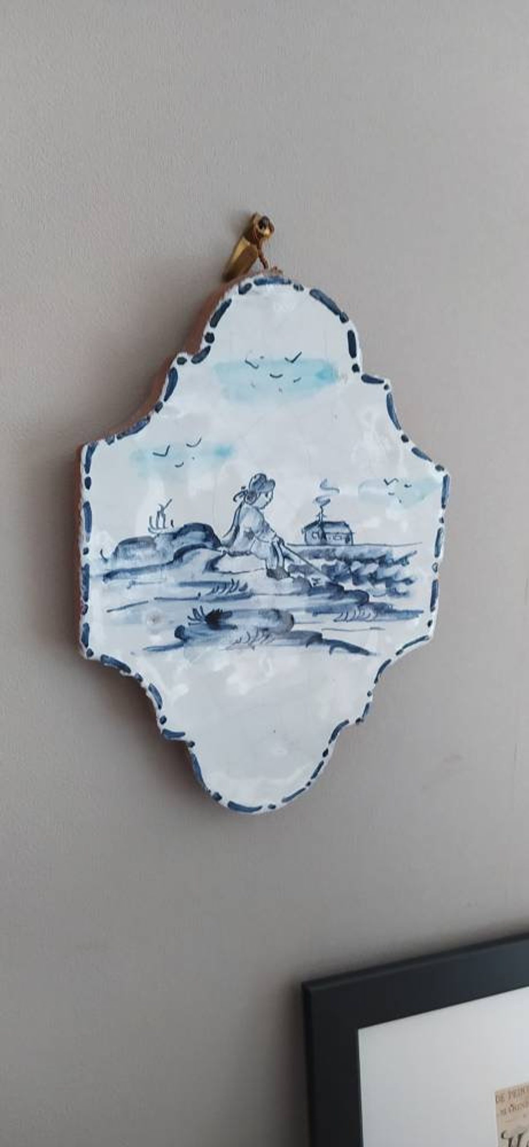 Big Delph Tile in a Scalloped Shape Depicting a Fishing Man on the Edge ...