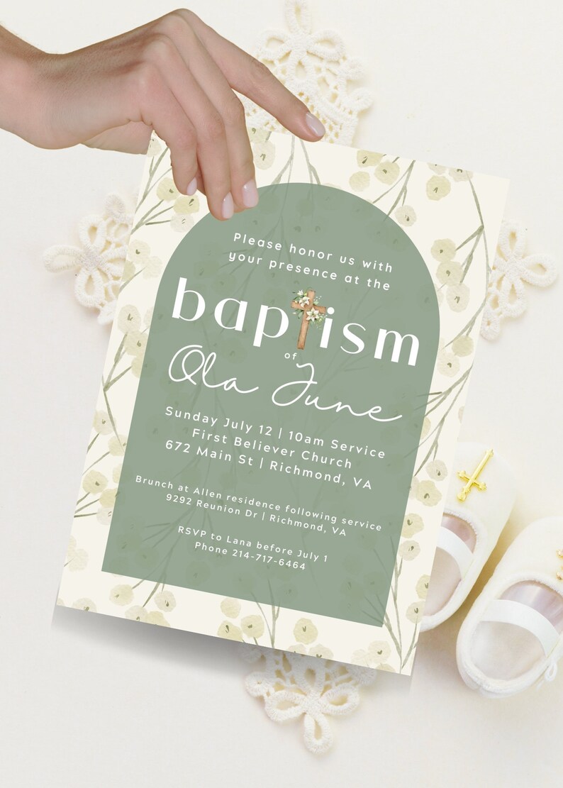 Boho Baptism Dedication Christening Invitation | Sage Green, Cream ...