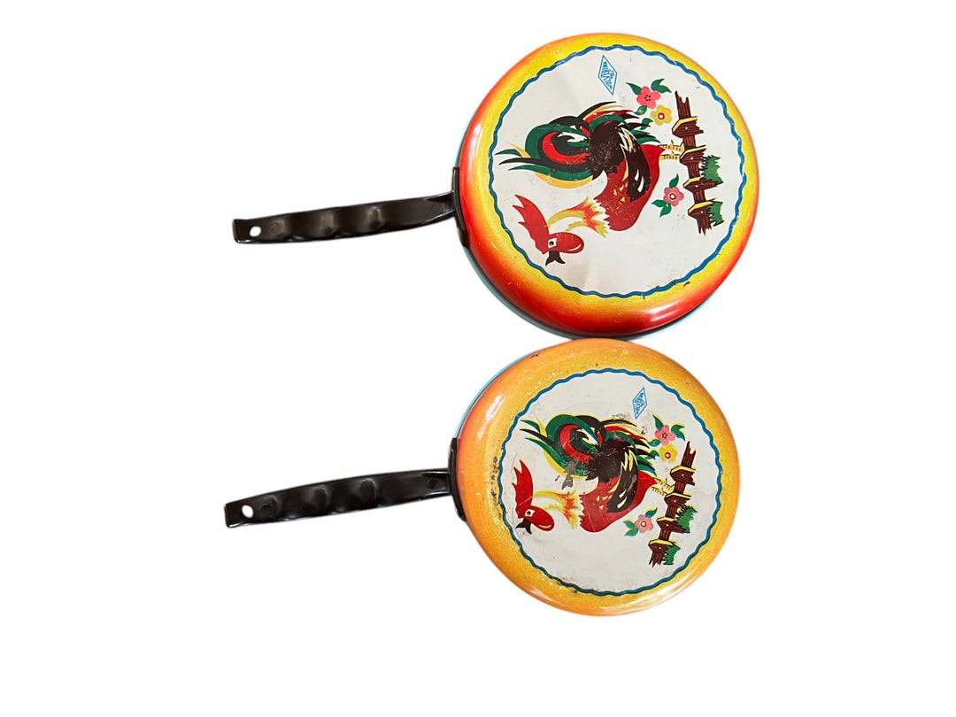 Vintage Wolverine Rooster Kids Tin Litho Set of Two Cooking Pots / Pans ...