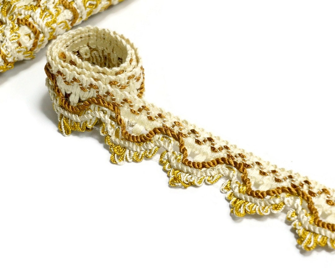 2m Scalloped Loop Fringe Trim - Ecru Brown Gold - 30 Mm Wide - 1960s ...