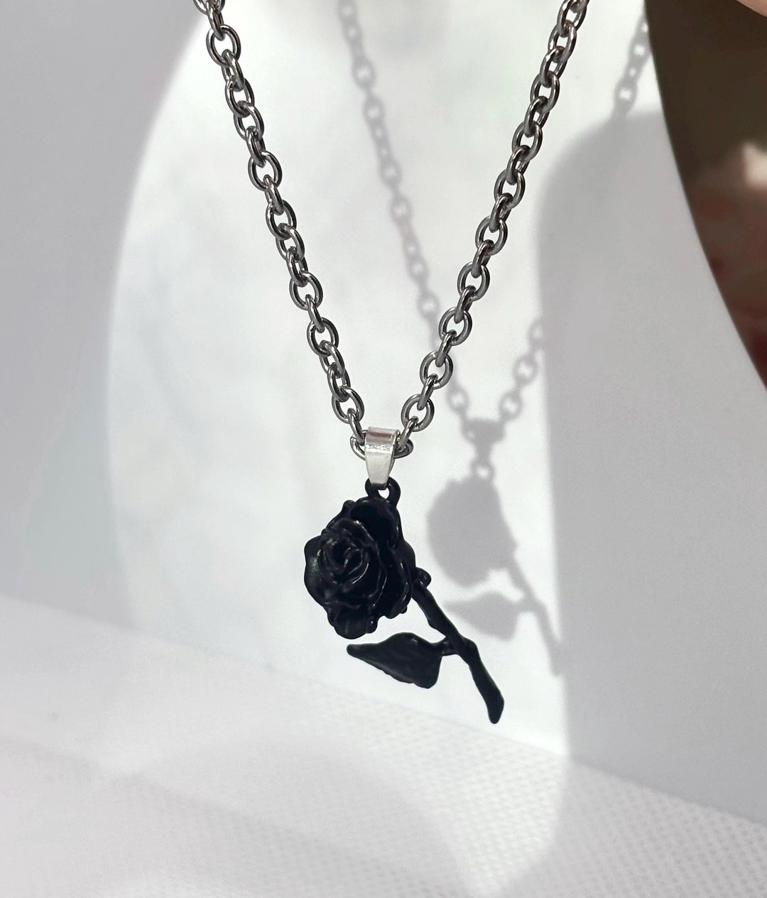 Black Rose Chain Pendant Necklace, Stainless Steel, Gold & Silver ...