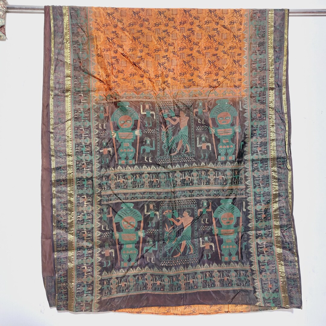 Recycled Silk Saree Orange Floral Fabric Dressmaking Ethnic Craft ...