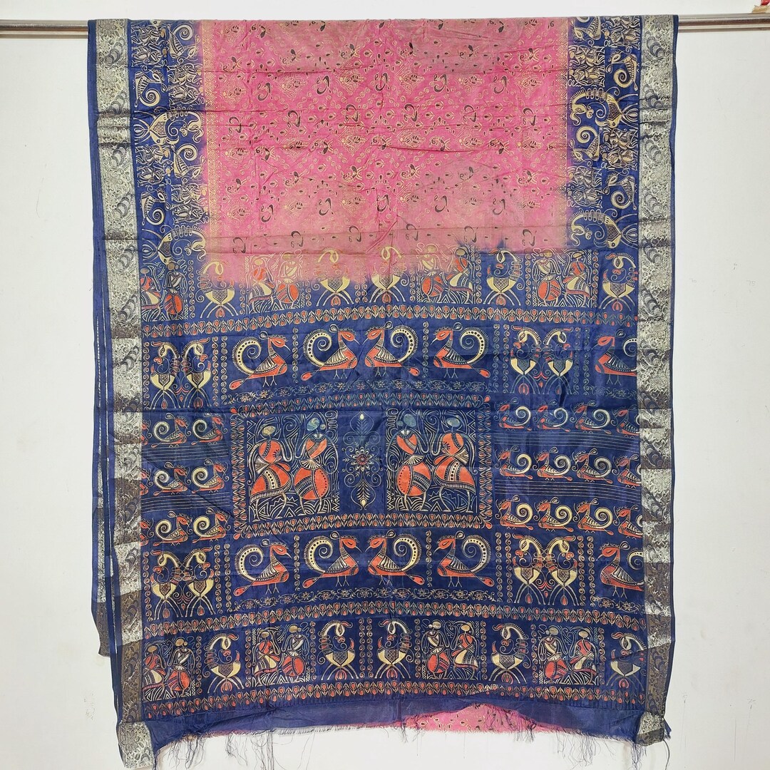 Traditional Recycled Silk Saree Blue Pink Floral Ethnic Dressmaking ...