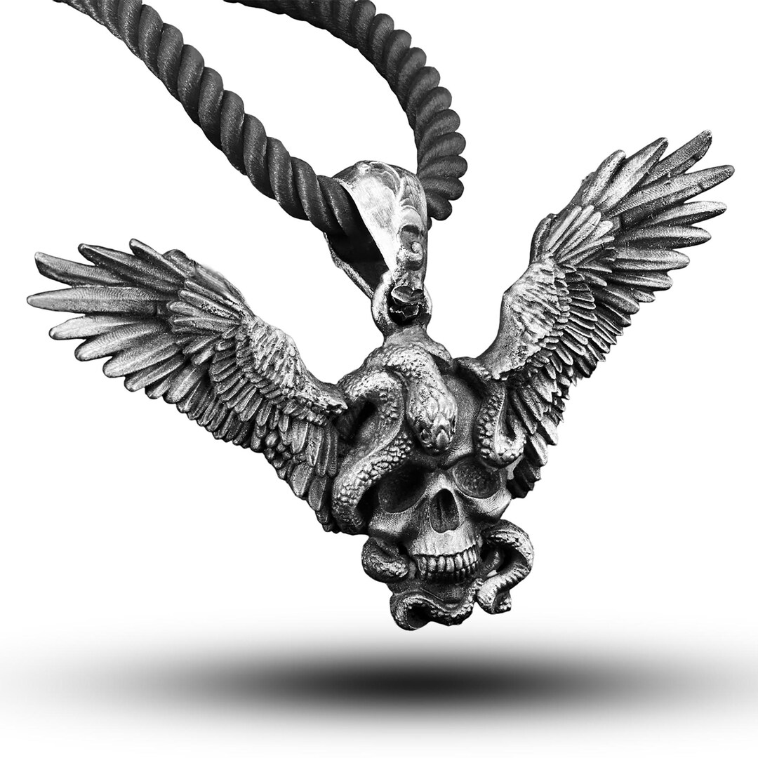 Goth Winged Skull and Snake Pendant, Silver Punk Skeleton Necklace ...