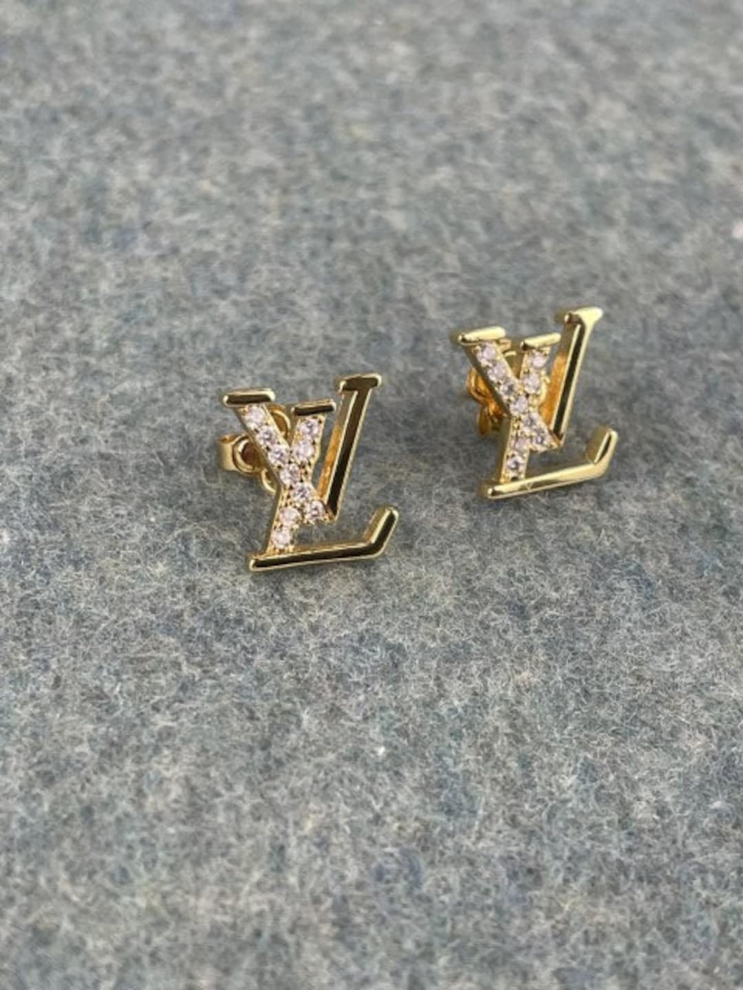 Vintage Louis Vuitton LV Logo Gold Plated Clear Stone Stud Earrings ...