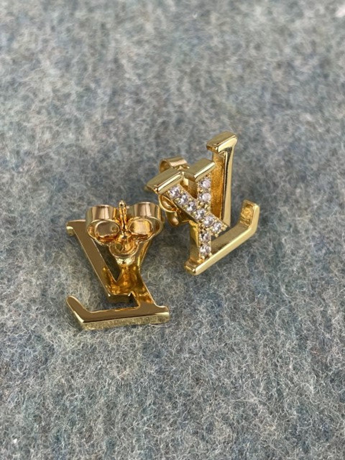 Vintage Louis Vuitton LV Logo Gold Plated Clear Stone Stud Earrings ...