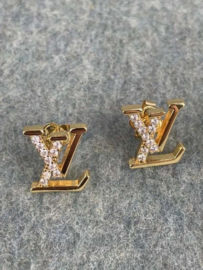 Vintage Louis Vuitton LV Logo Gold Plated Clear Stone Stud Earrings ...