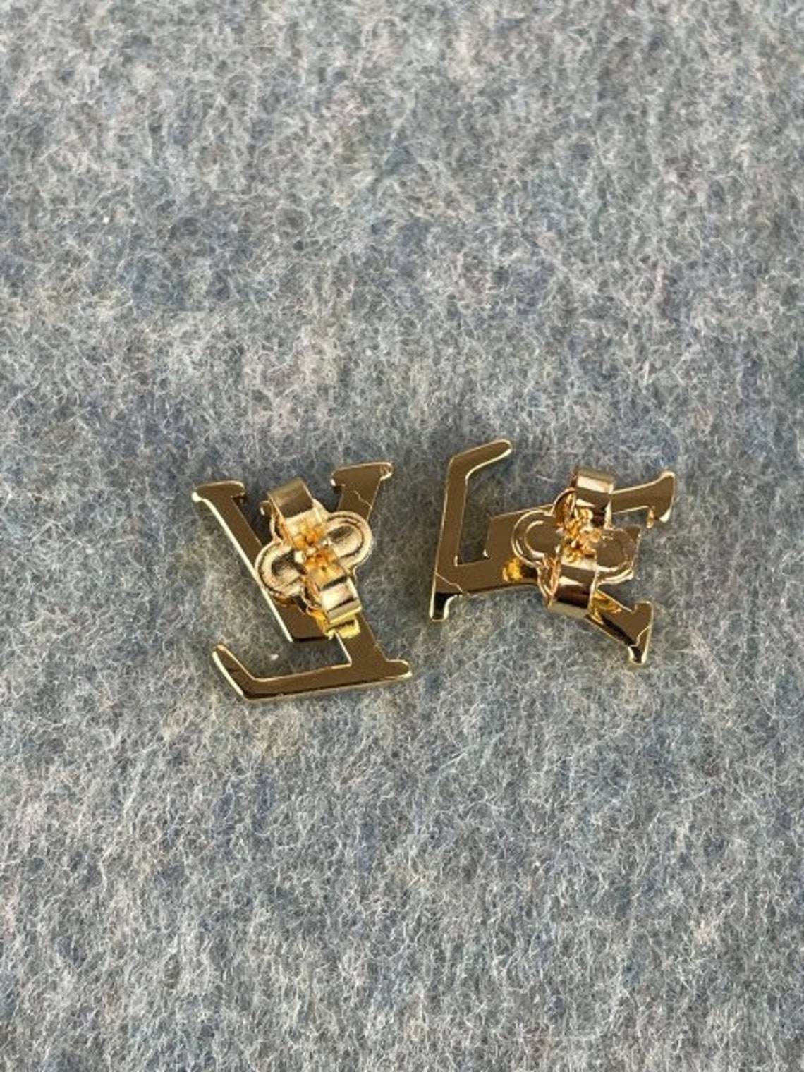 Vintage Louis Vuitton LV Logo Gold Plated Clear Stone Stud Earrings ...