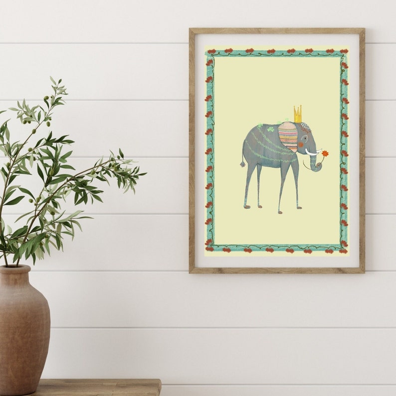 Elephant With Crown Nursery Print: Floral Frame Art (digital Download ...