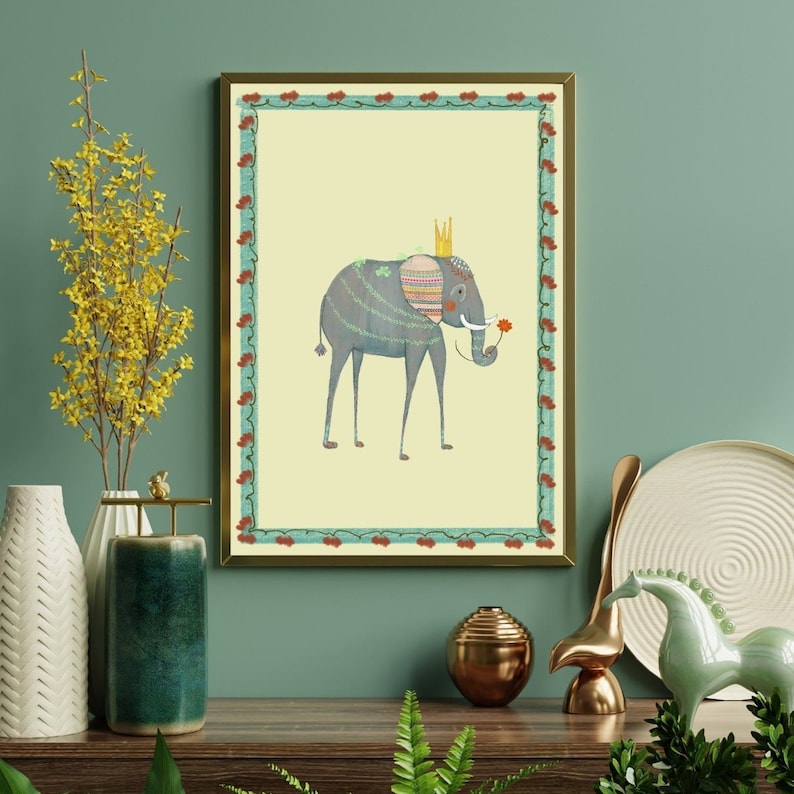 Elephant With Crown Nursery Print: Floral Frame Art (digital Download ...