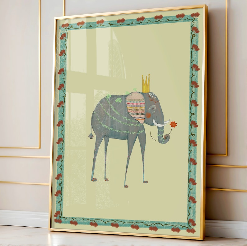 Elephant With Crown Nursery Print: Floral Frame Art (digital Download ...