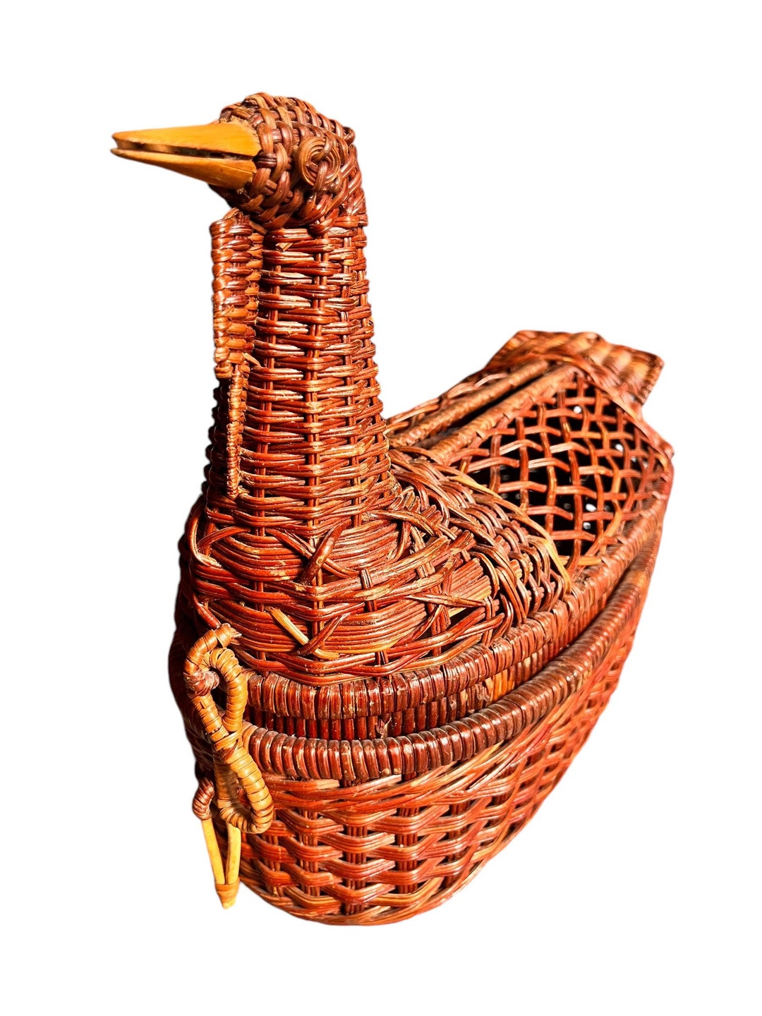 Vintage 70s 80s Brown Duck Bird Chicken Wicker Basket 2 Pieces Tissue ...