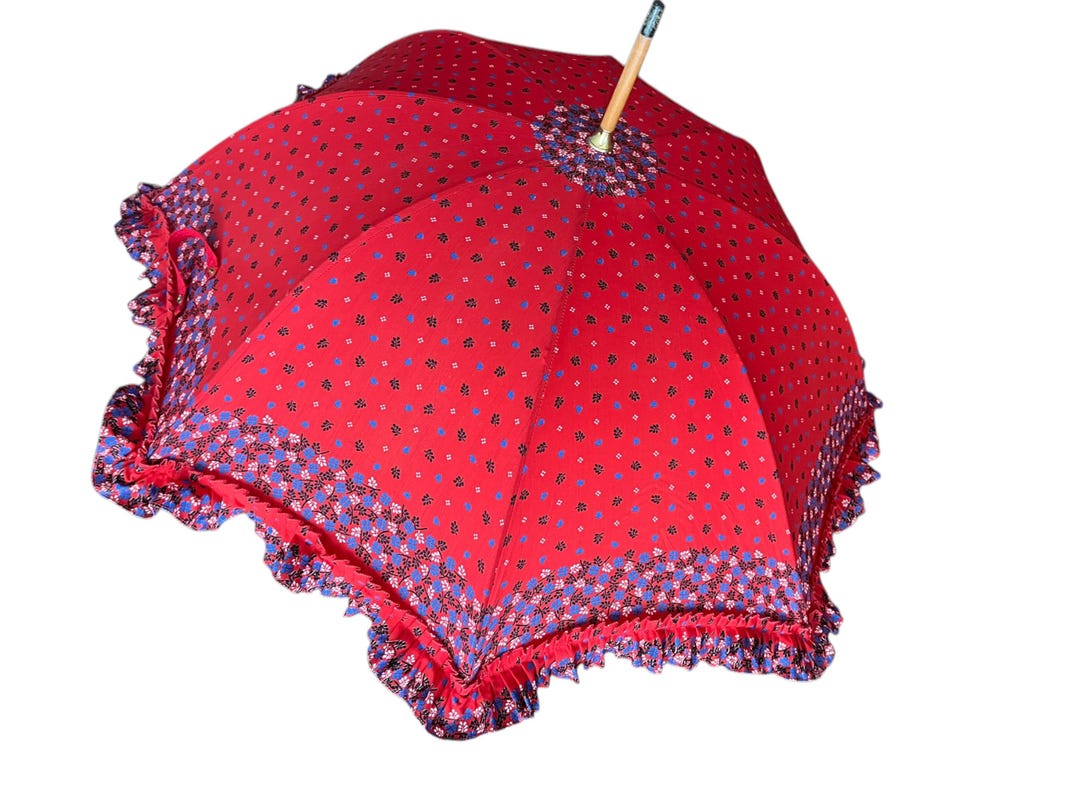 Vintage 70s Red and Blue Floral Heart Print Frilly Shade Parasol ...
