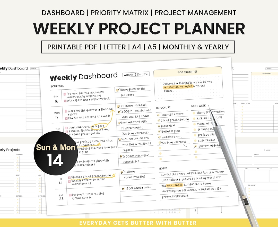 Weekly Project Planner Printable: Priority Matrix, Dashboard (digital ...