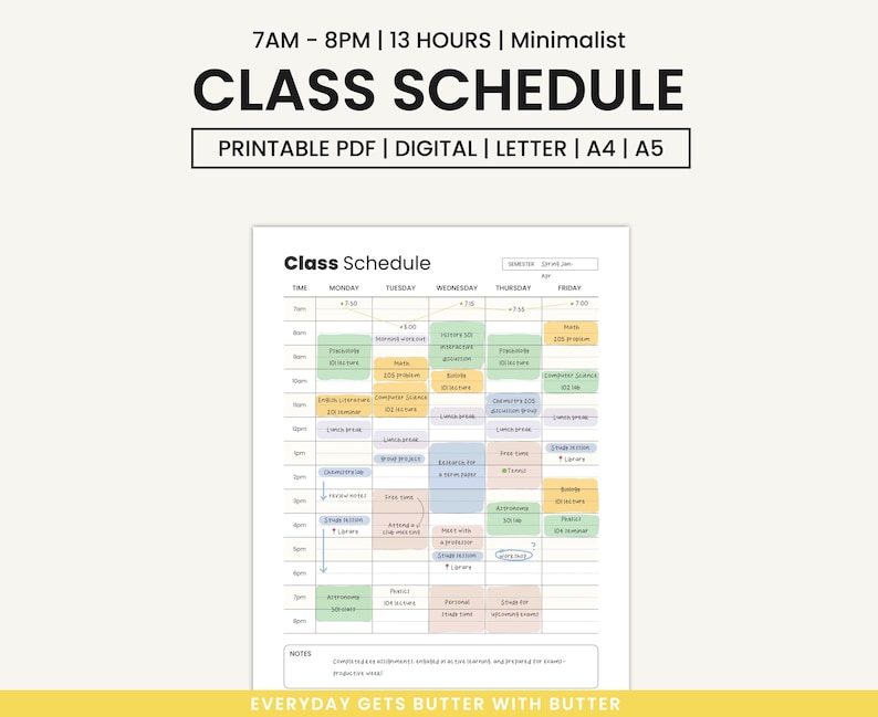 Printable Class Schedule Template, Minimalist Organizer (PDF) - Etsy