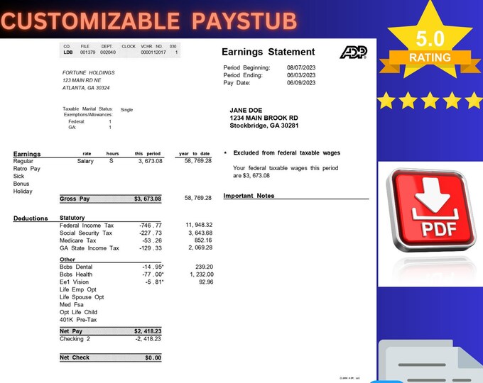 Customizable Check Stub Template | Editable PDF & Word Document ...