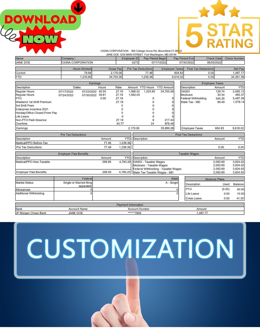 Customizable Check Stub Template Instant Download PDF and Word Formats ...
