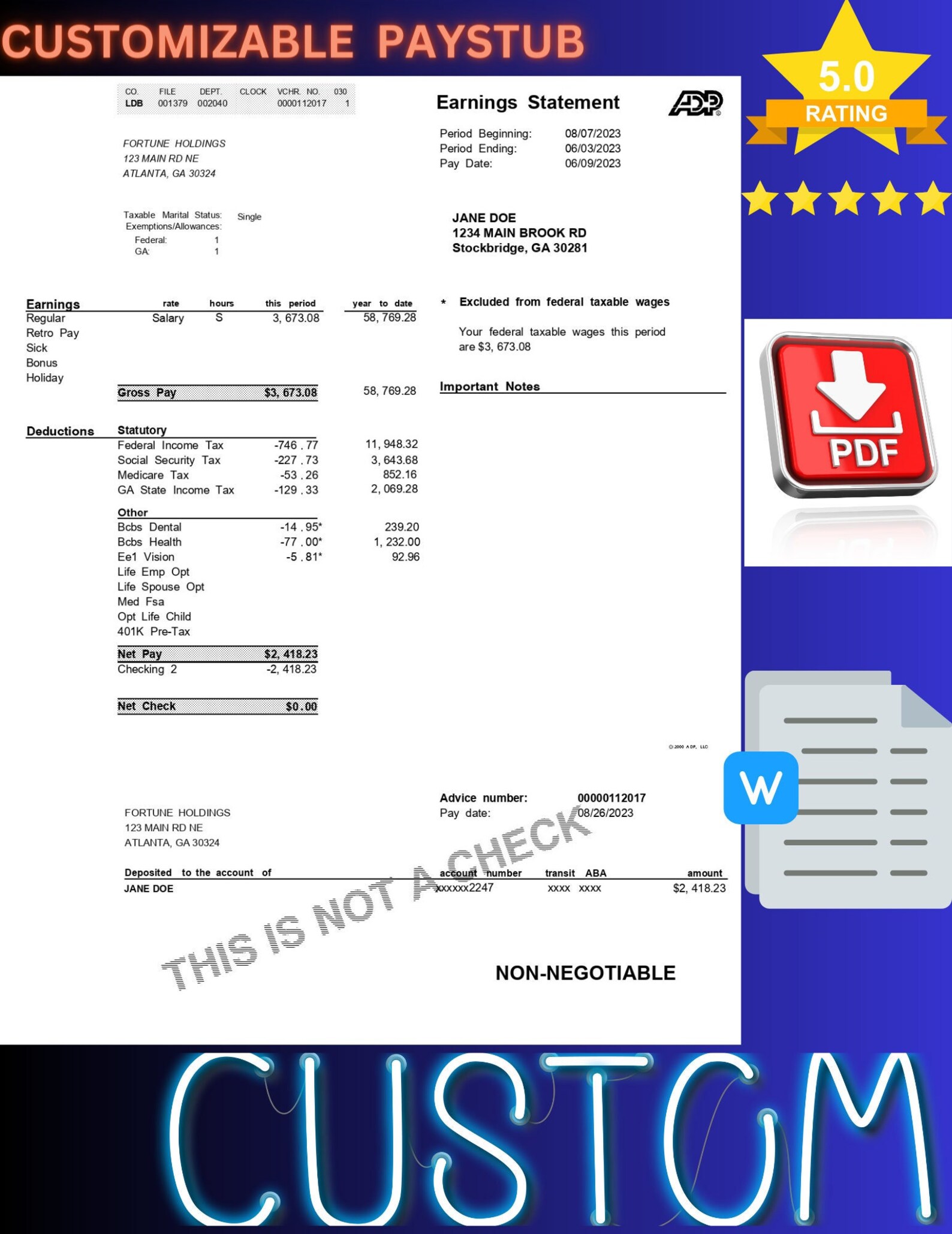 Customizable Check Stub Template | Editable PDF & Word Document ...