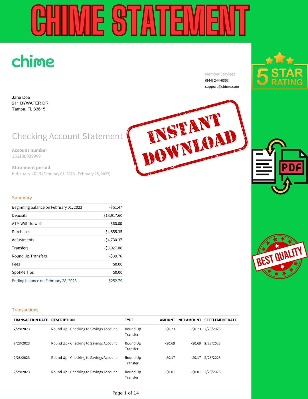 Chime Custom Statement Template Custom | Personalized Digital Download ...