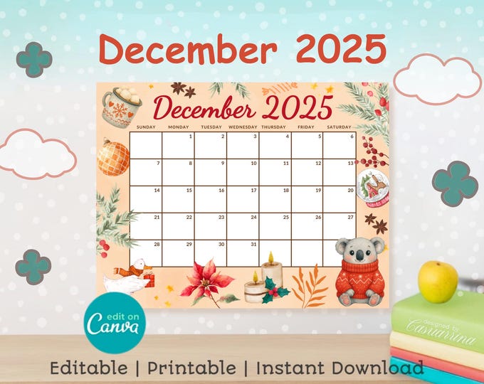Editable December 2025 Calendar, Printable Calendar W/ Pretty Christmas ...