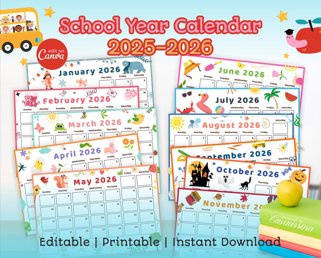 2025-2026 School Year Calendar, Editable Printable Monthly Planner ...