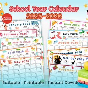 2025-2026 School Year Calendar, Editable Printable Monthly Planner ...