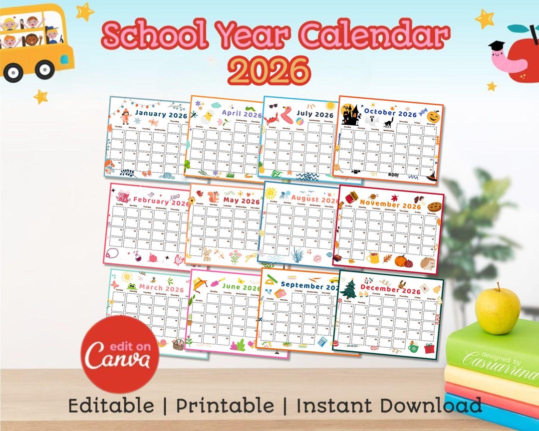 2026 School Year Calendar, Editable Canva Template (printable PDF) - Etsy