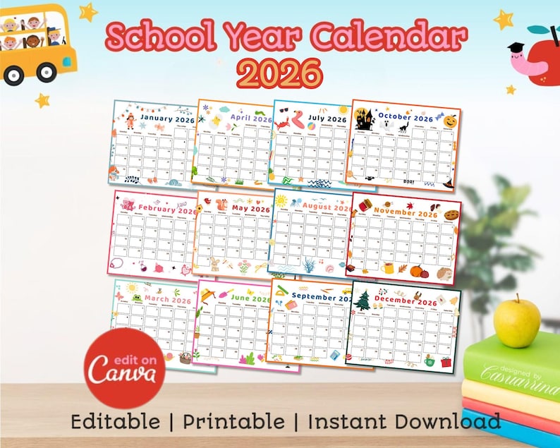 2026 School Year Calendar, Editable Canva Template (printable PDF ...