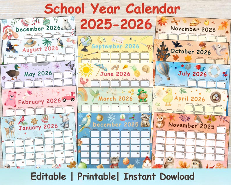 Editable School Year Calendar 2025-2026, Printable Monthly Planner ...