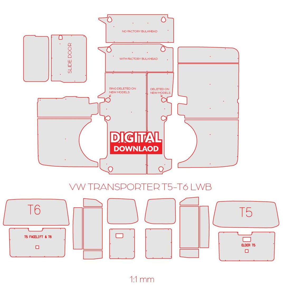 VW Transporter T5- T6 LWB - kit de contreplaqué, cnc, dxf, sol, murs ...