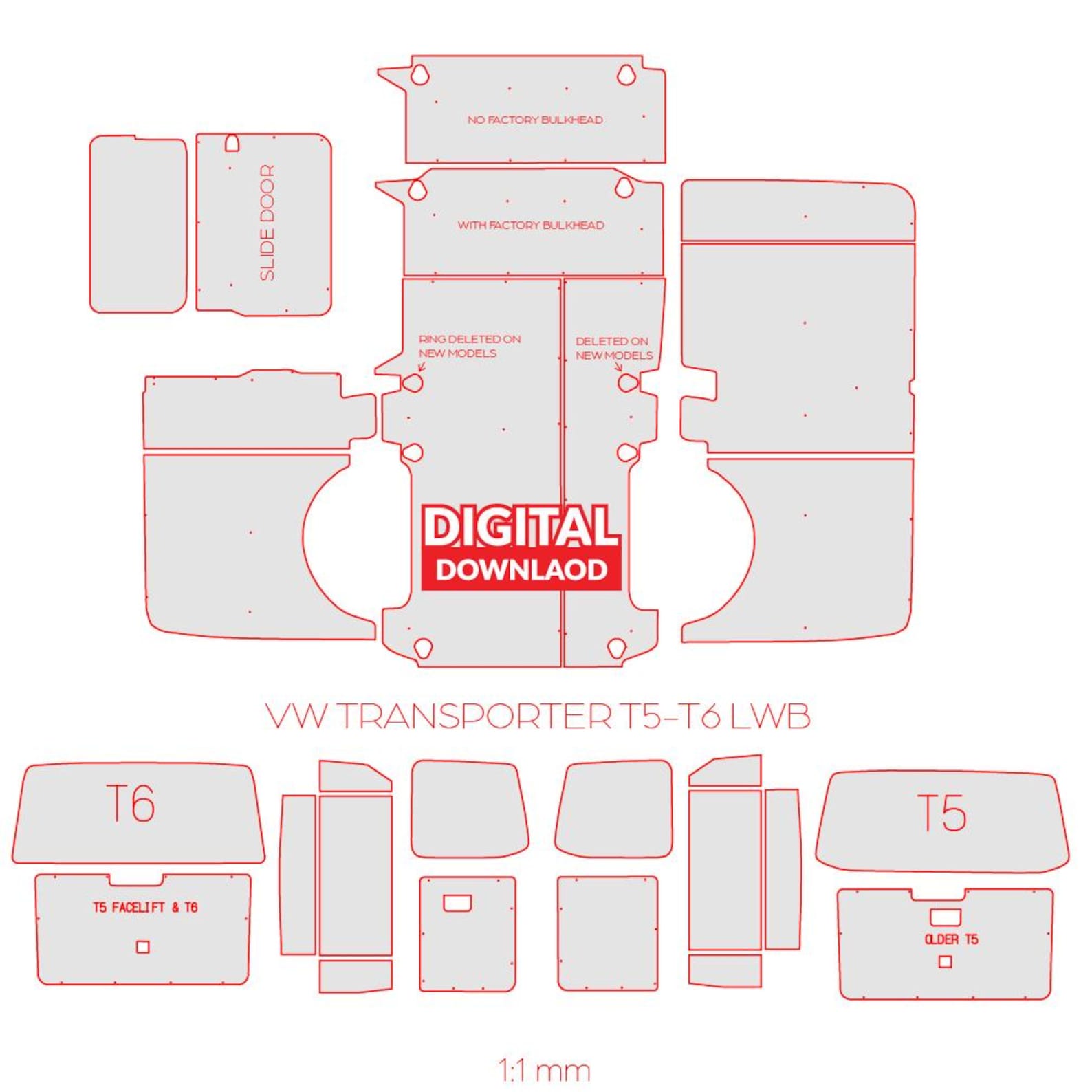 VW Transporter T5- T6 LWB -plylining Kit,cnc,dxf,floor,walls,template ...