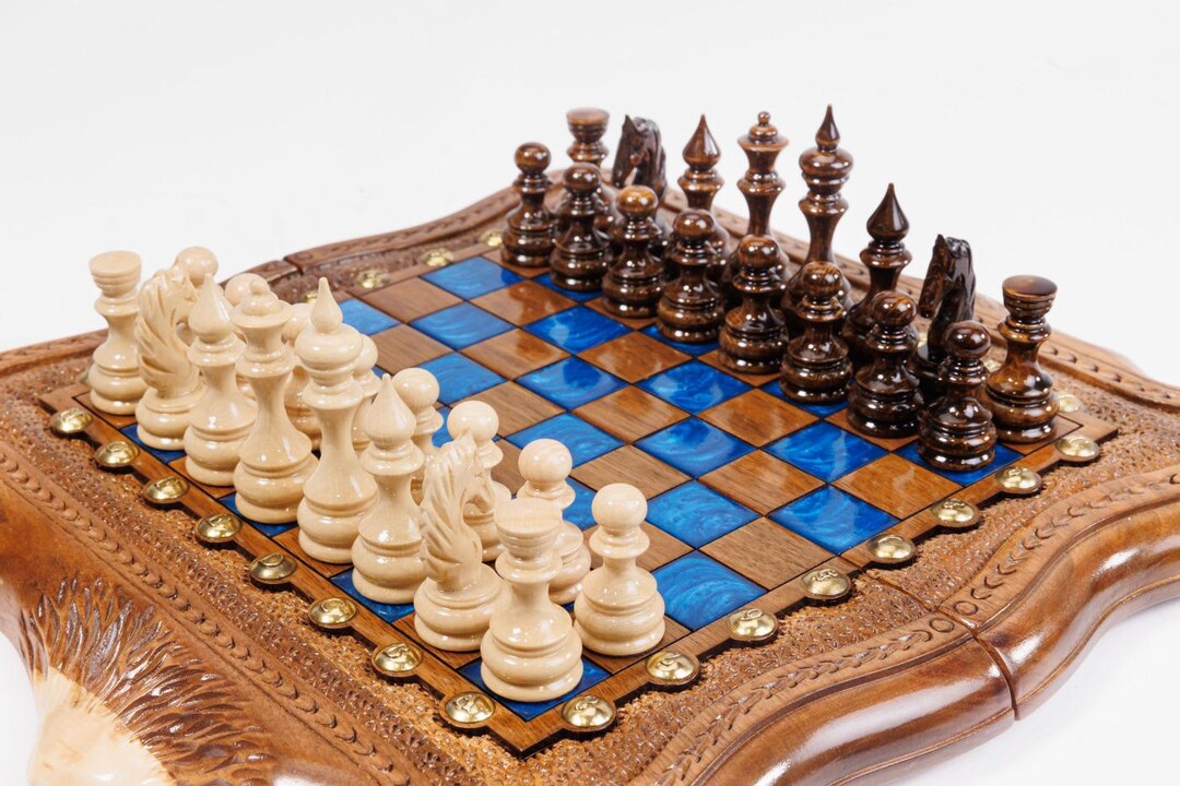 Handcrafted Walnut Chess and Backgammon Set: Epoxy Resin Inlay, Bronze ...