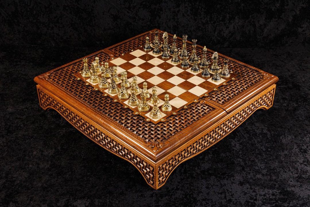 Wooden Box Chess Set: Chess Board With Storage / Bronze Hinges ...