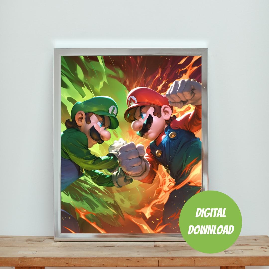 Mario and Luigi Epic Battle Scene - Printable Digital Art Poster - Etsy