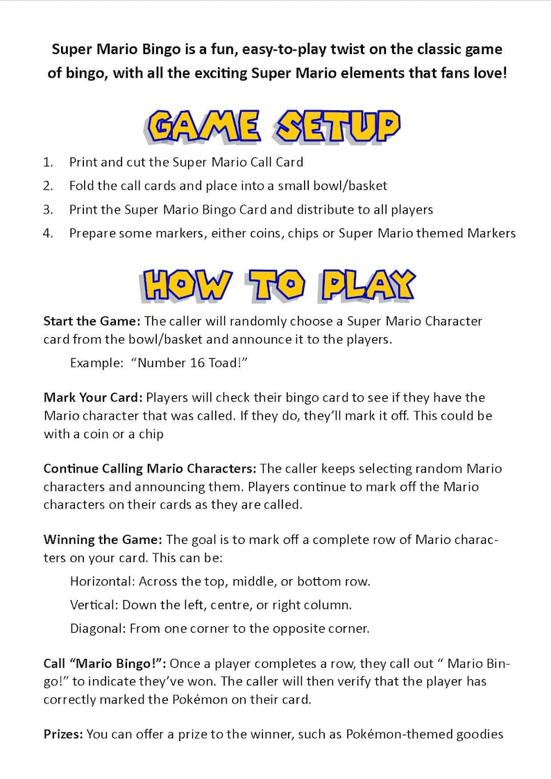 Instant Download Super Mario Bingo | Super Mario Birthday Game | Super ...