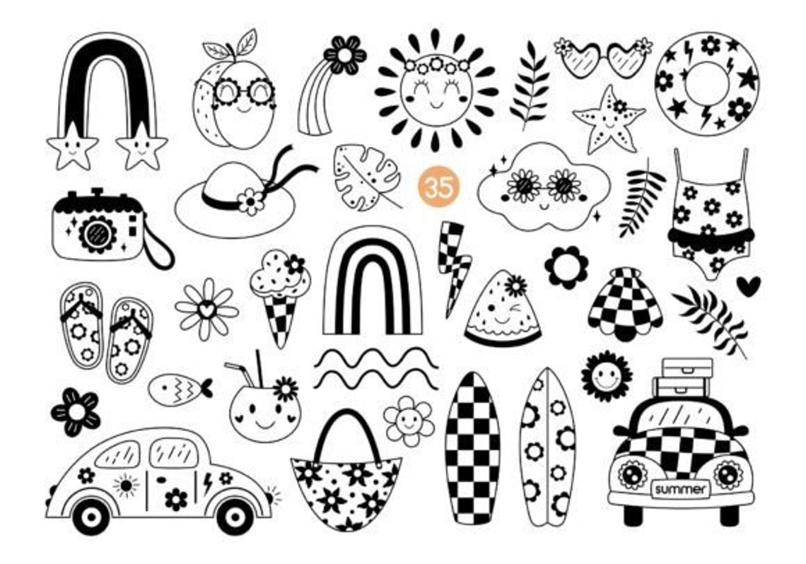Summer Png, Retro Summer Clipart, Black and White Summer Svg, Groovy ...