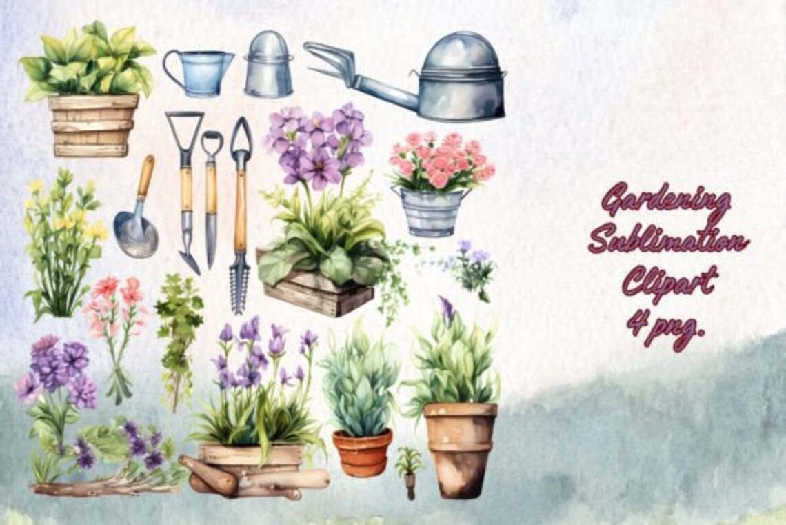Artist Garden Watercolor Clipart Bundle - 265 PNG Creative Garden ...