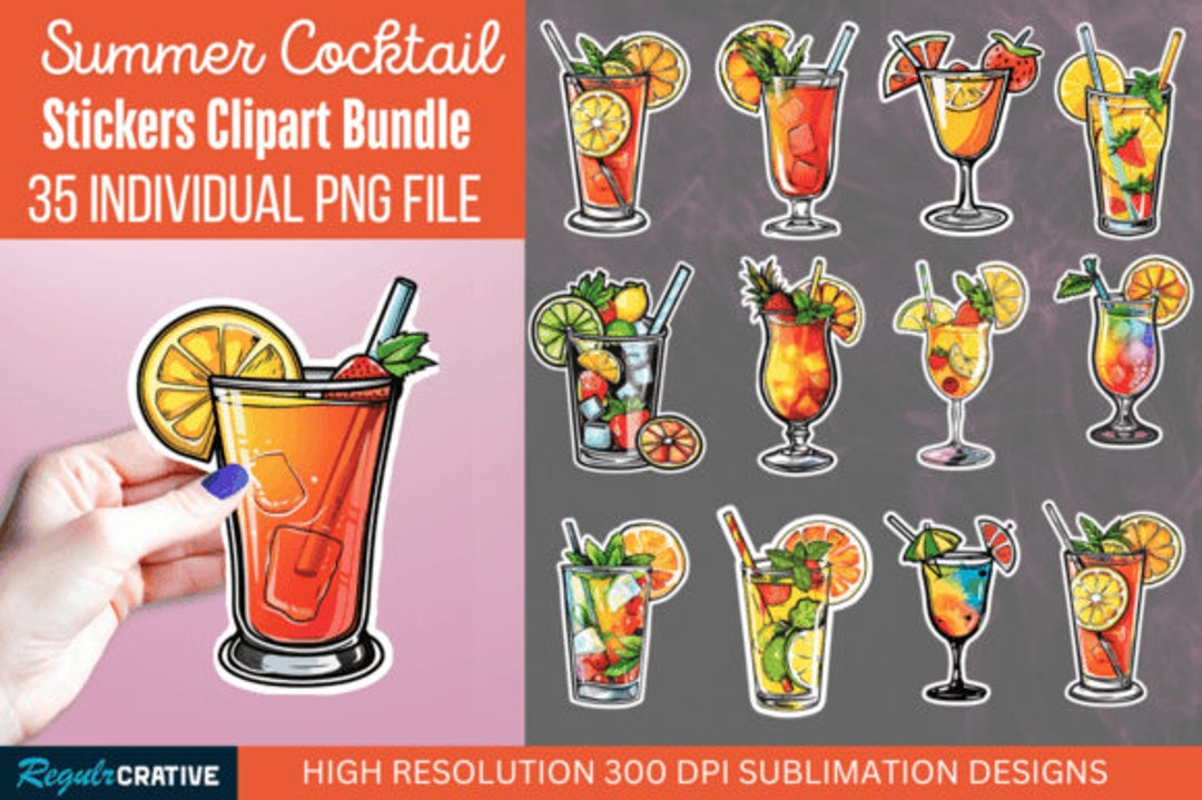 Summer Cocktail Sticker Clipart Bundle, Cocktail Clipart Alcoholic ...
