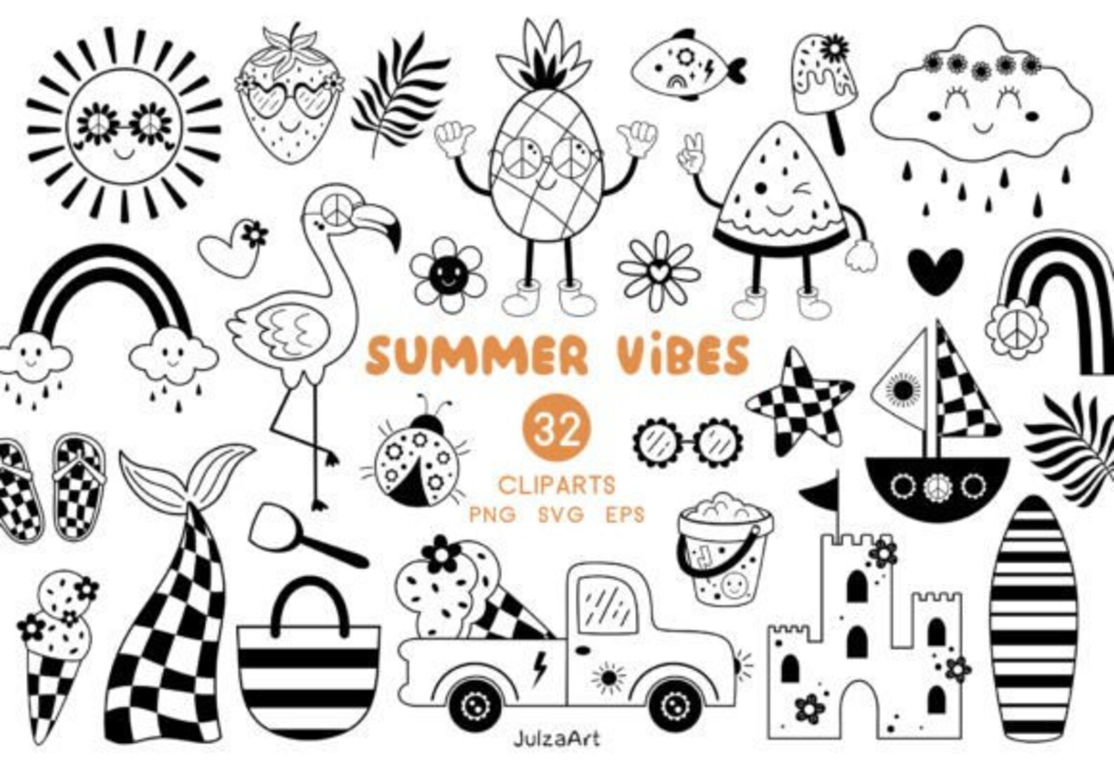 Summer Png, Retro Summer Clipart, Black and White Summer Svg, Groovy ...