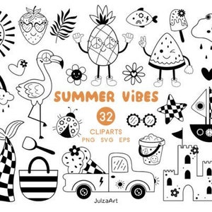 Summer Png, Retro Summer Clipart, Black and White Summer Svg, Groovy ...