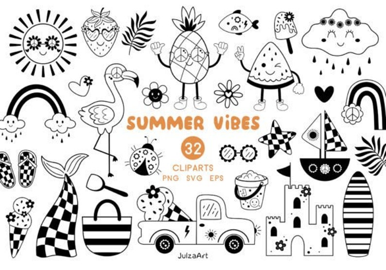 Summer Png, Retro Summer Clipart, Black and White Summer Svg, Groovy ...